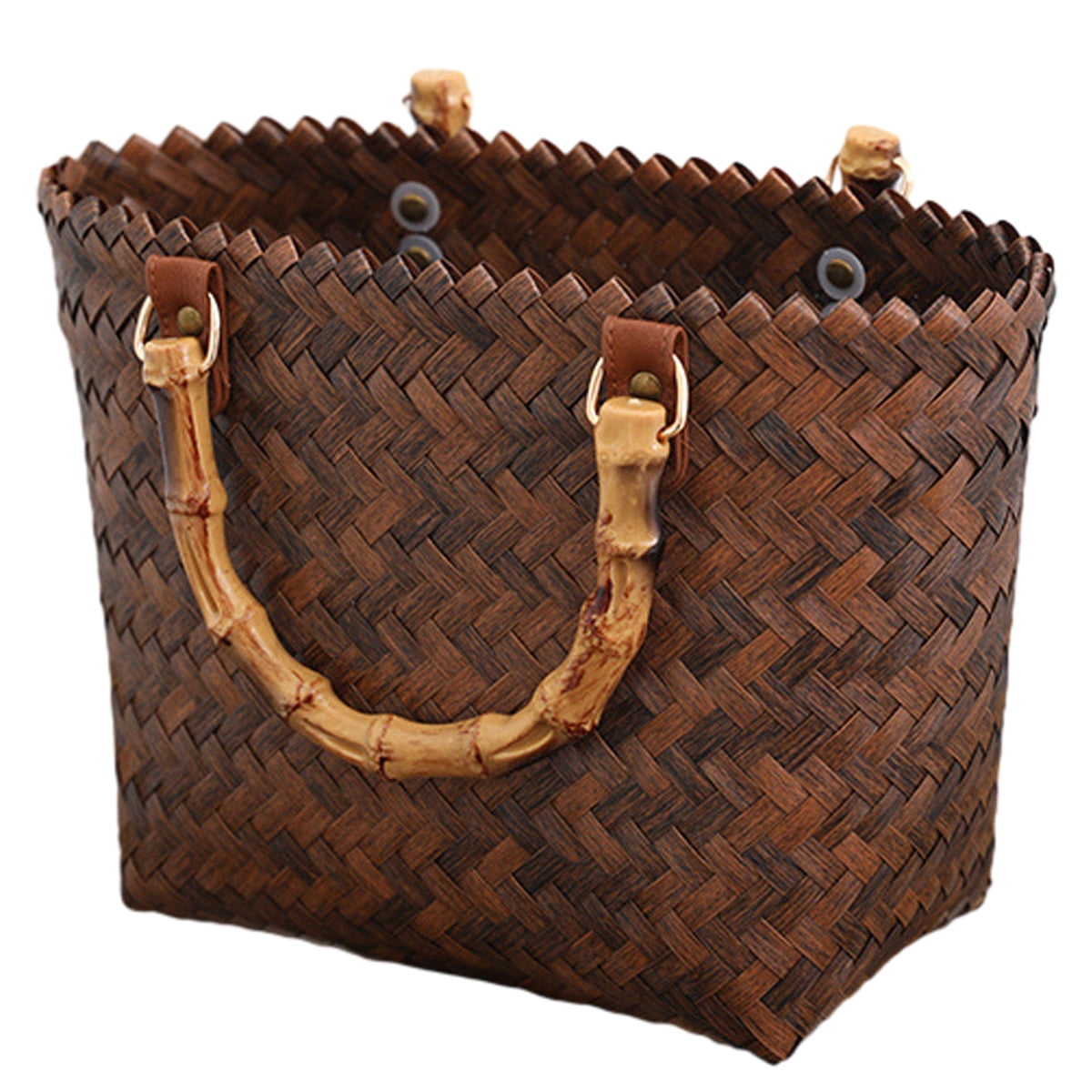 Women Straw Large Tote Bag Retro Bamboo Handle Strip Beach Handbag ...