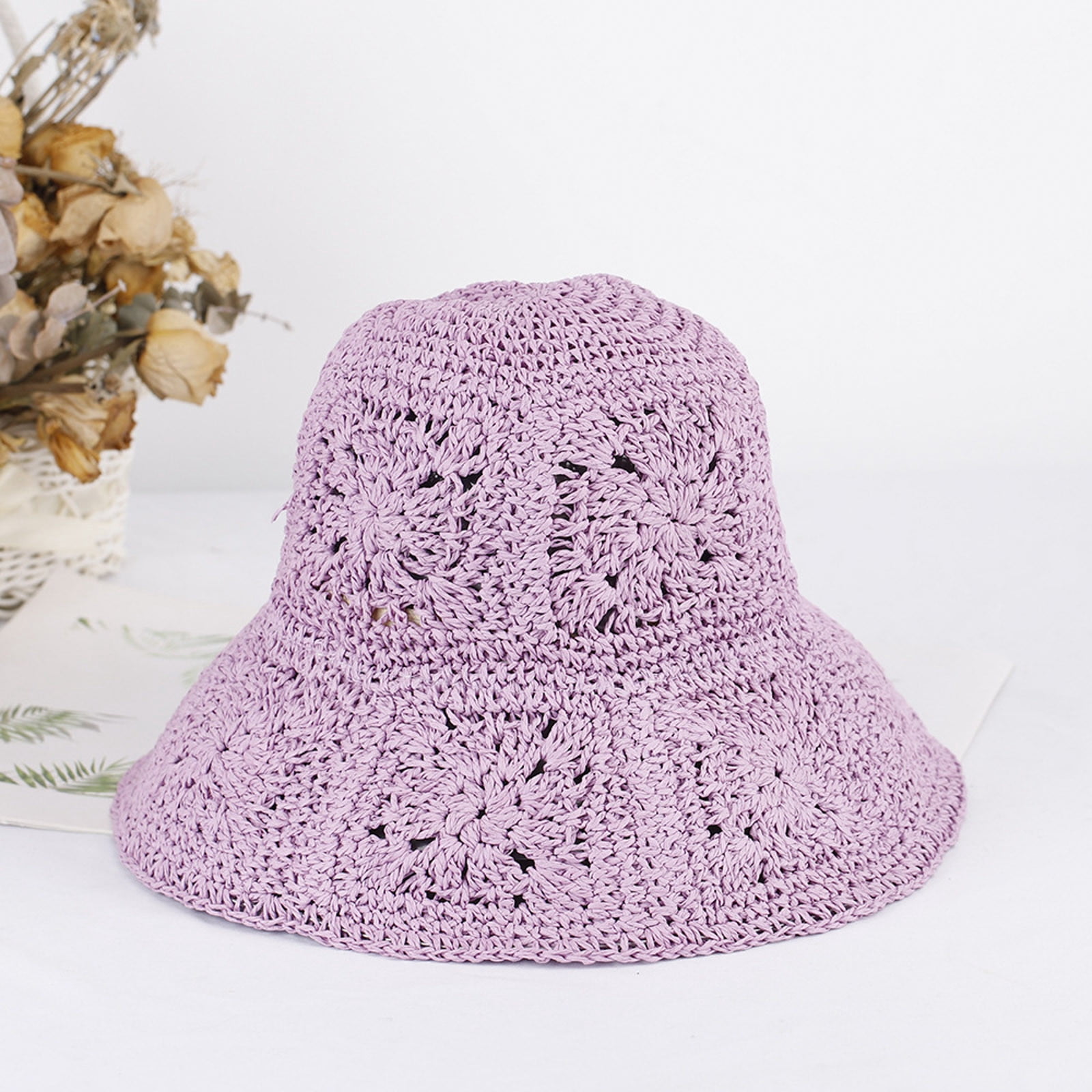 Women Straw Sun Hat Floral Woven Crochet Bucket Hat Accessories Beach ...