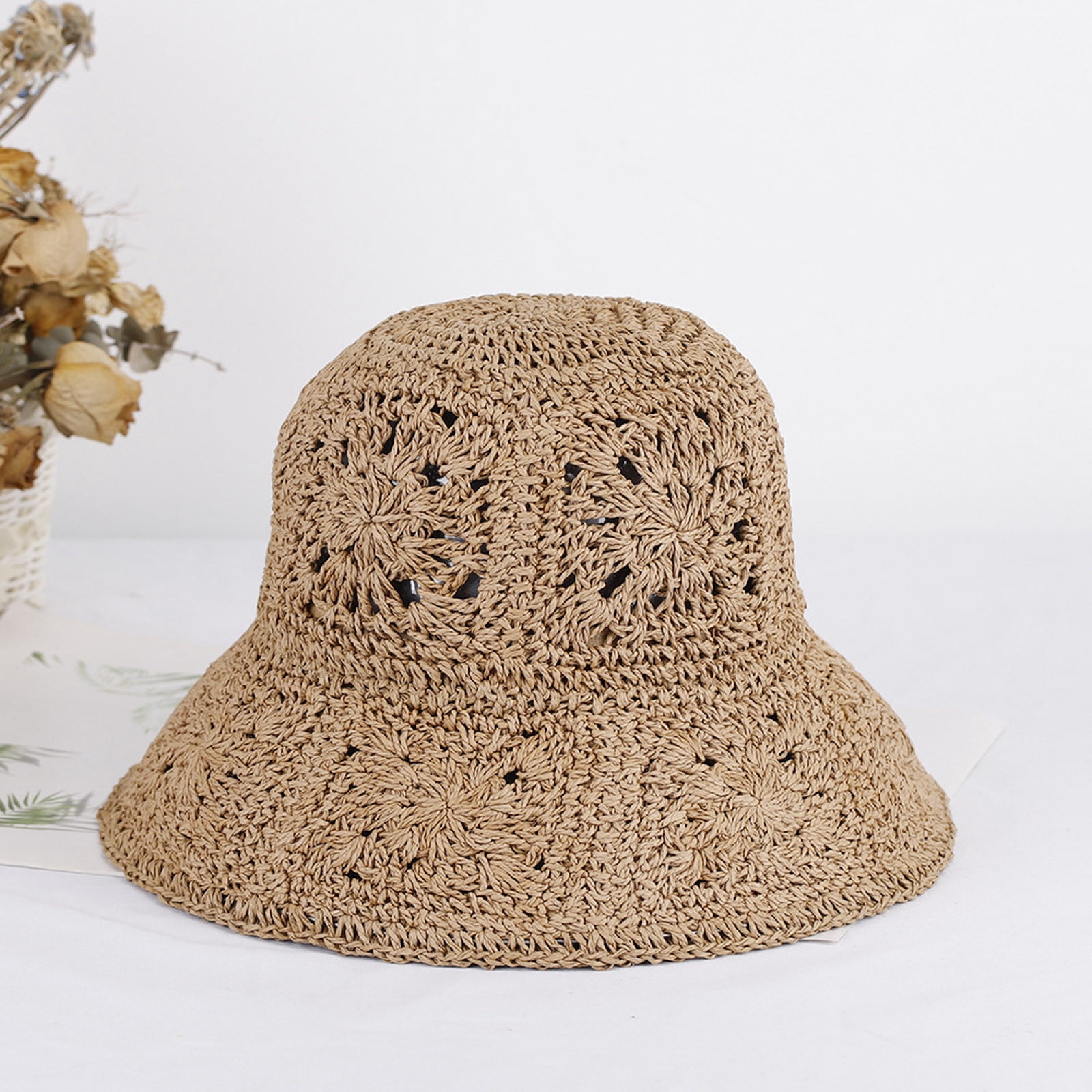 Women Straw Sun Hat Floral Woven Crochet Bucket Hat Accessories Beach ...