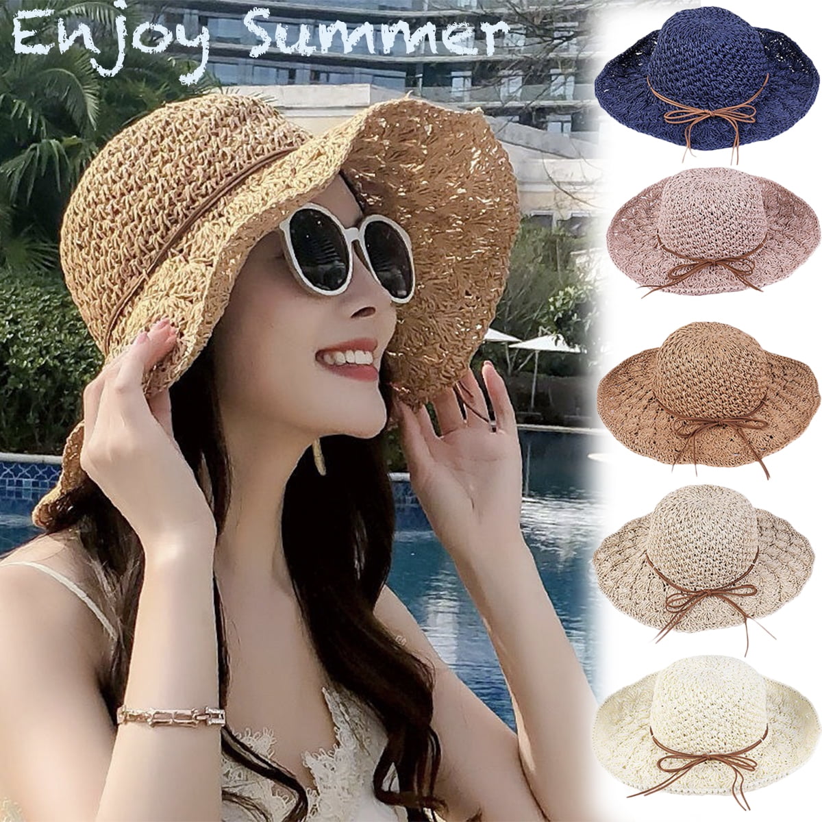 Women Straw Sun Hat Foldable Floppy Beach Summer Hat Weave Wide Brim ...
