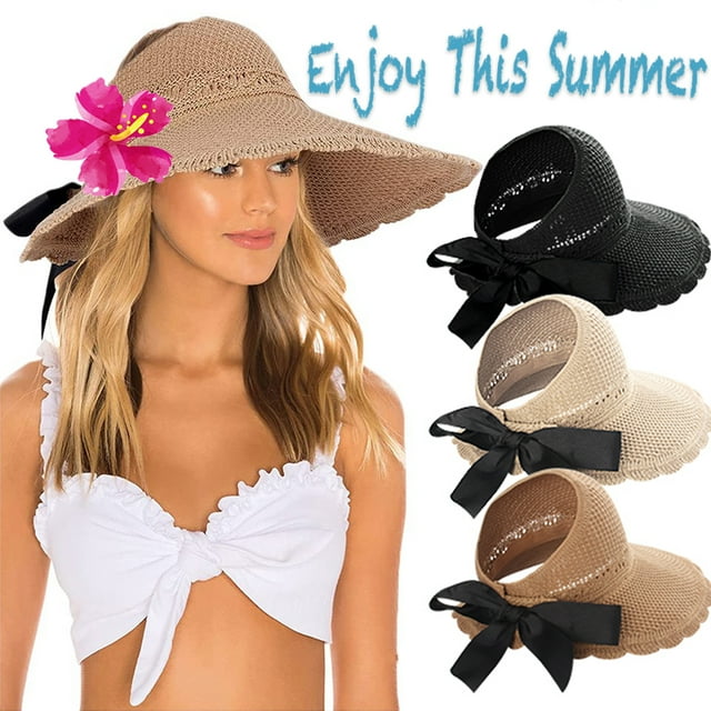 Women Straw Sun Hat Wide Brim Upf 50 Uv Protection Cap With Bow