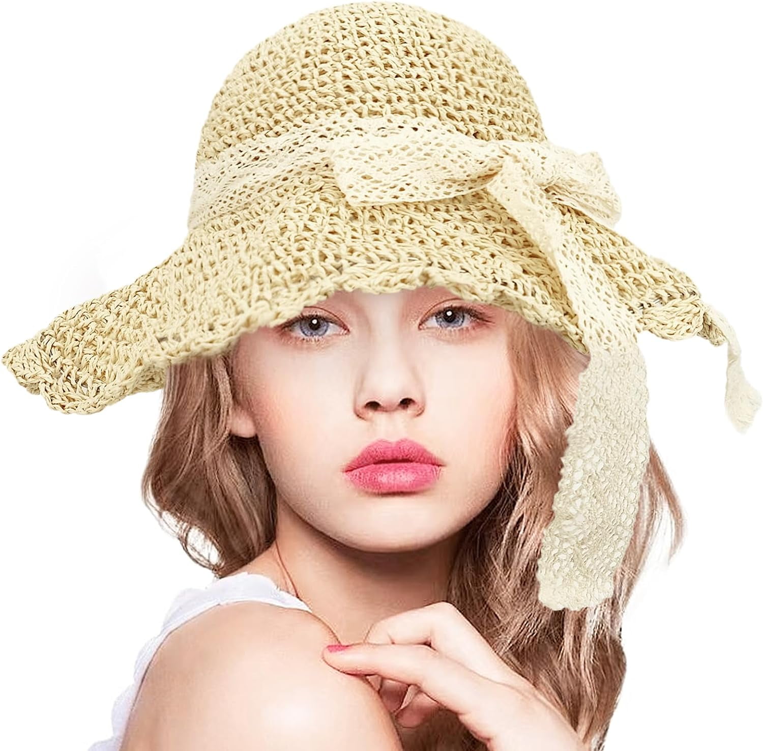 Women Straw Sun Hat with Lace Foldable Beach Hat Wide Brim Floppy ...