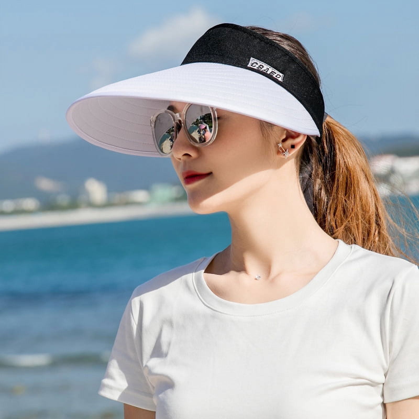 Women Straw Sun Visor Hat Wide Brim Summer UV Protection Beach Cap ...