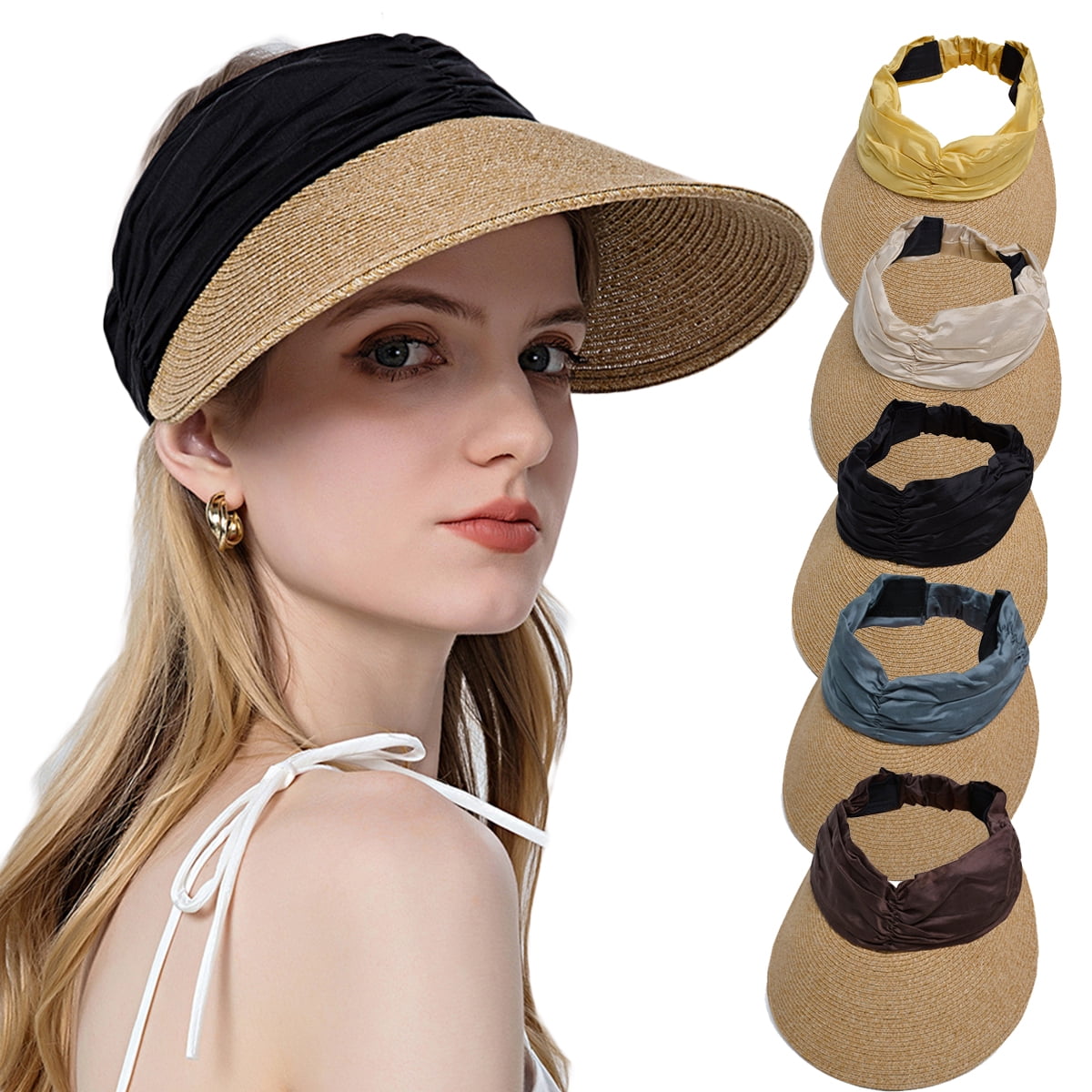 Women Straw Sun Visor, Wide Brim UPF 50+ UV Protection hat, Adjustable ...