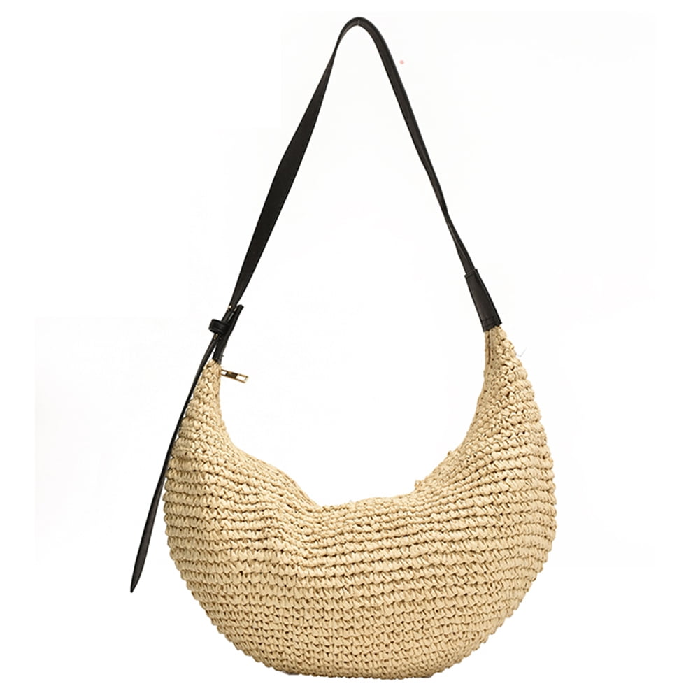 Women Straw Woven Half Moon Bag Summer Beach Bag for Outdoor Travel ...