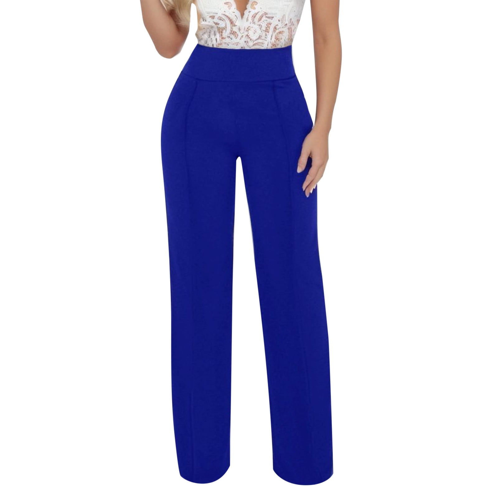 Women Stretchy Straight Leg Pants Comfy Solid Classic High Waisted Wide ...