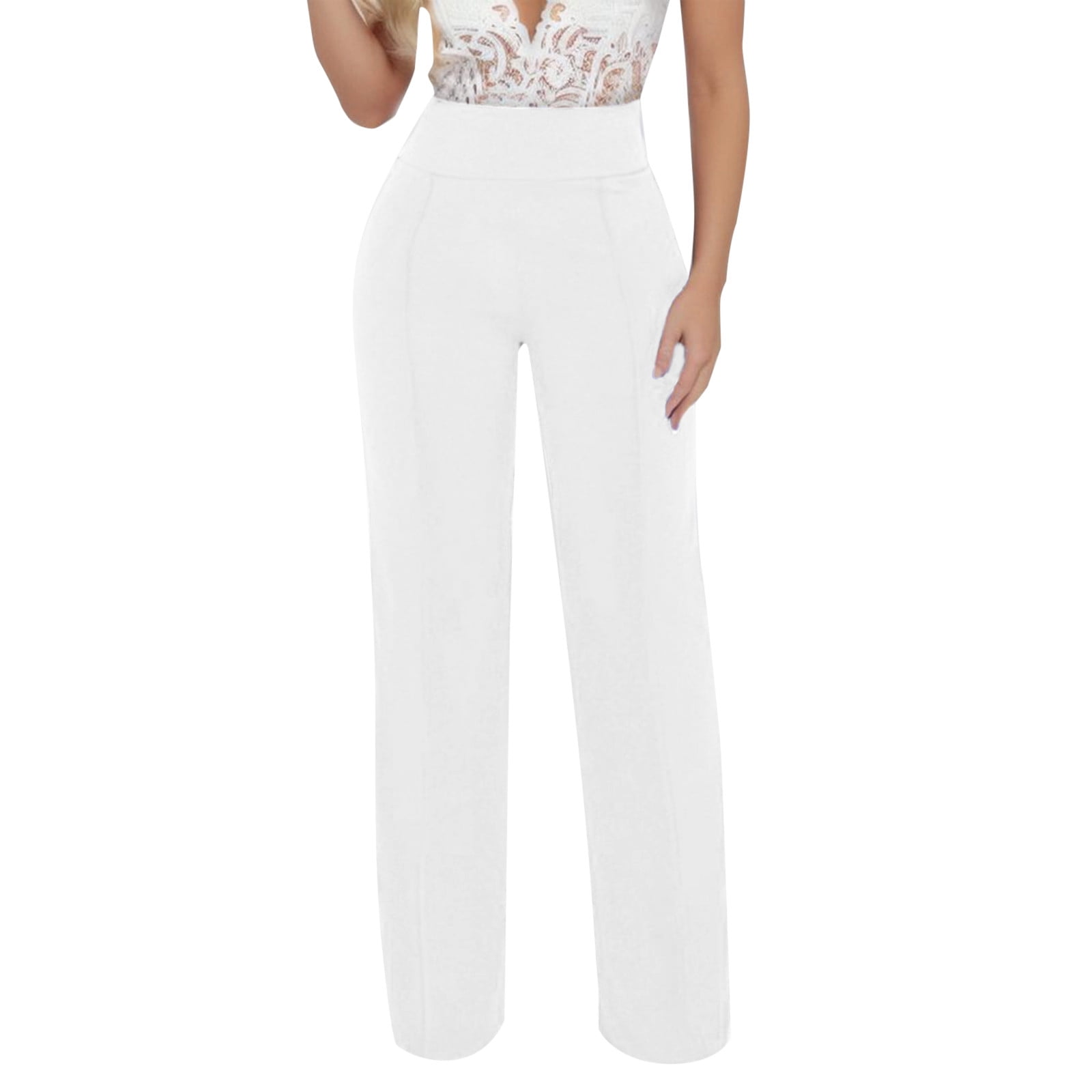 Women Stretchy Straight Leg Pants Comfy Solid Classic High Waisted Wide ...
