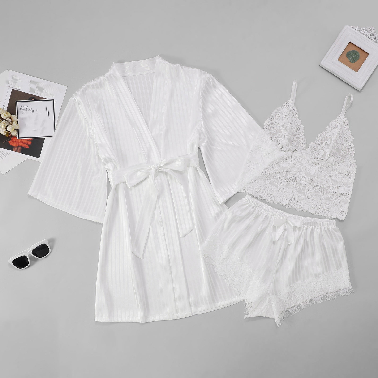 Women Striped Satin 3 Pieces Pajama Set, Short Robe with Lace Cami Tops ...