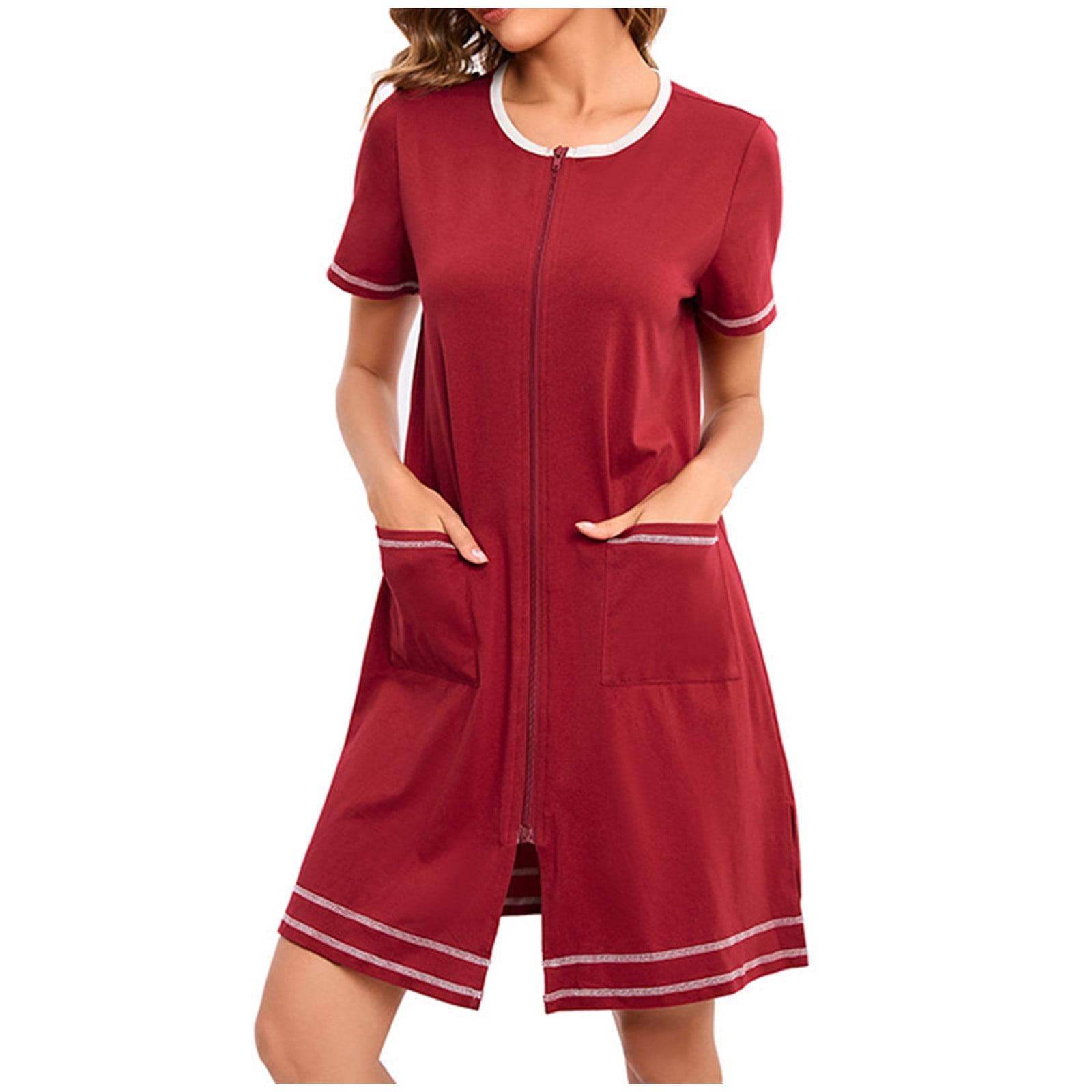 Women Striped Zipper Front House Coat Short Sleeves Robe Zip Up ...