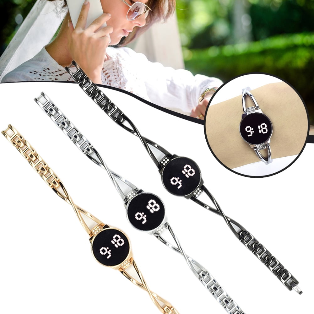 Women Stylish Digital Watch Round Dial LED Electronic Wristwatch Thin ...