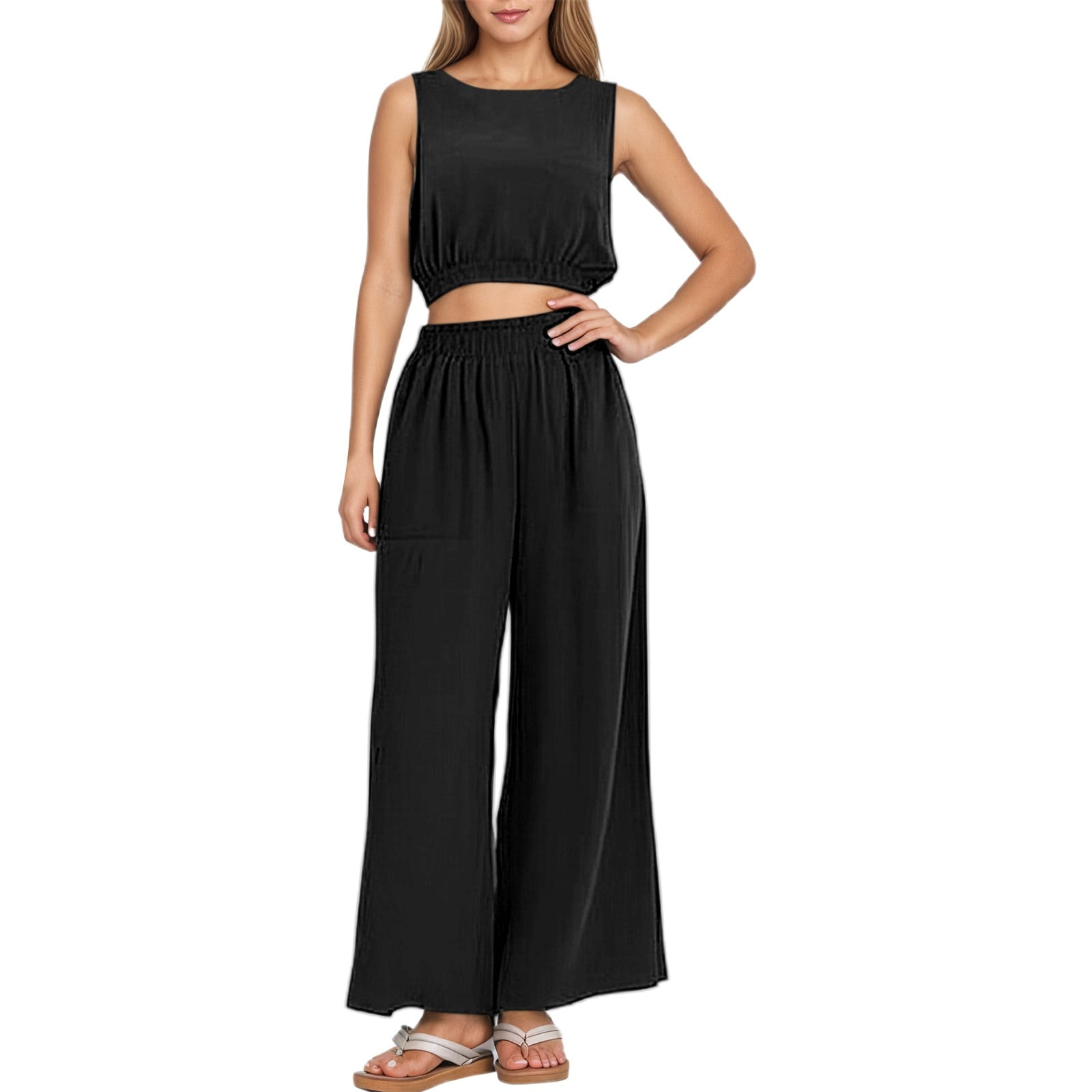 Women Suits 2 Piece Set Women's Casual Round Neck Sleeveless High Waist Wide Leg Two Piece Set ...