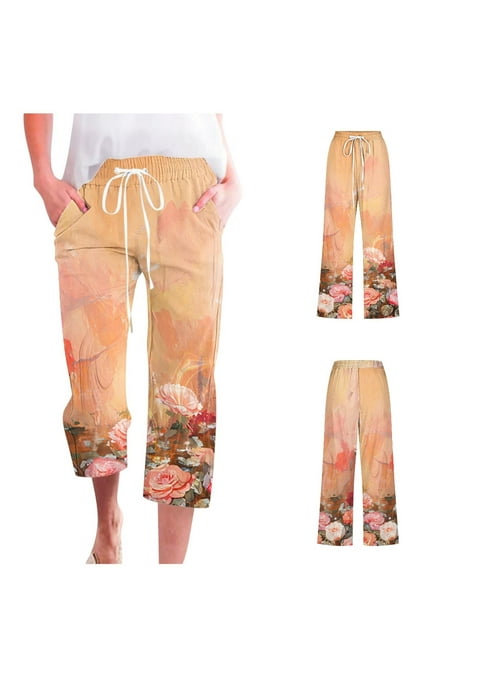 Dyegold Capris For Women Plus Size Summer Casual Wide Leg Cropped Pants Stretch Pull On Loose ...