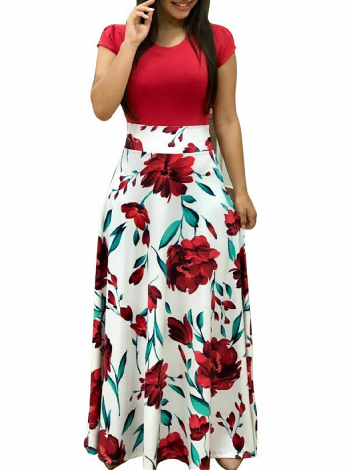 Fall Style Floral Bohemian Women's Short Sleeve Long Maxi Beach ...