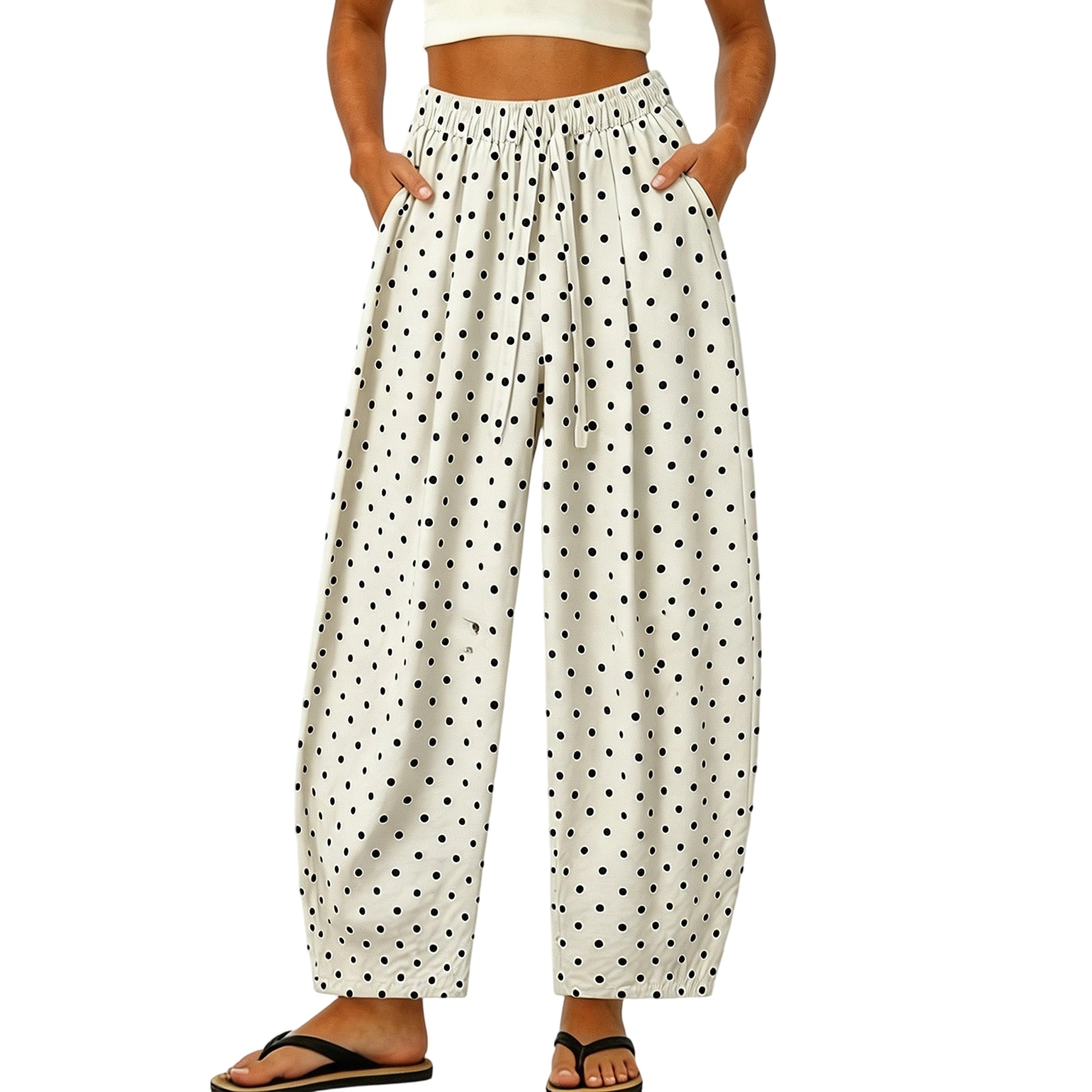 Women Summer Boho Cotton Linen Polka Dot Pants Beach Elastic Waist ...
