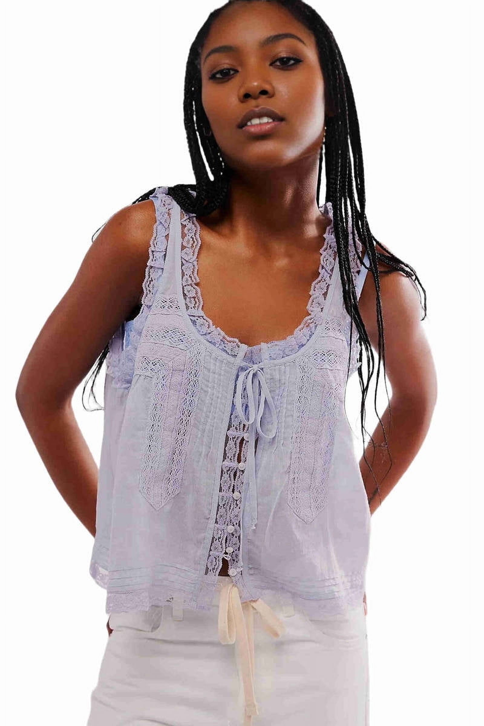 Women Summer Boho Tie Front Tops Lace Beach Button Down Tank Top ...