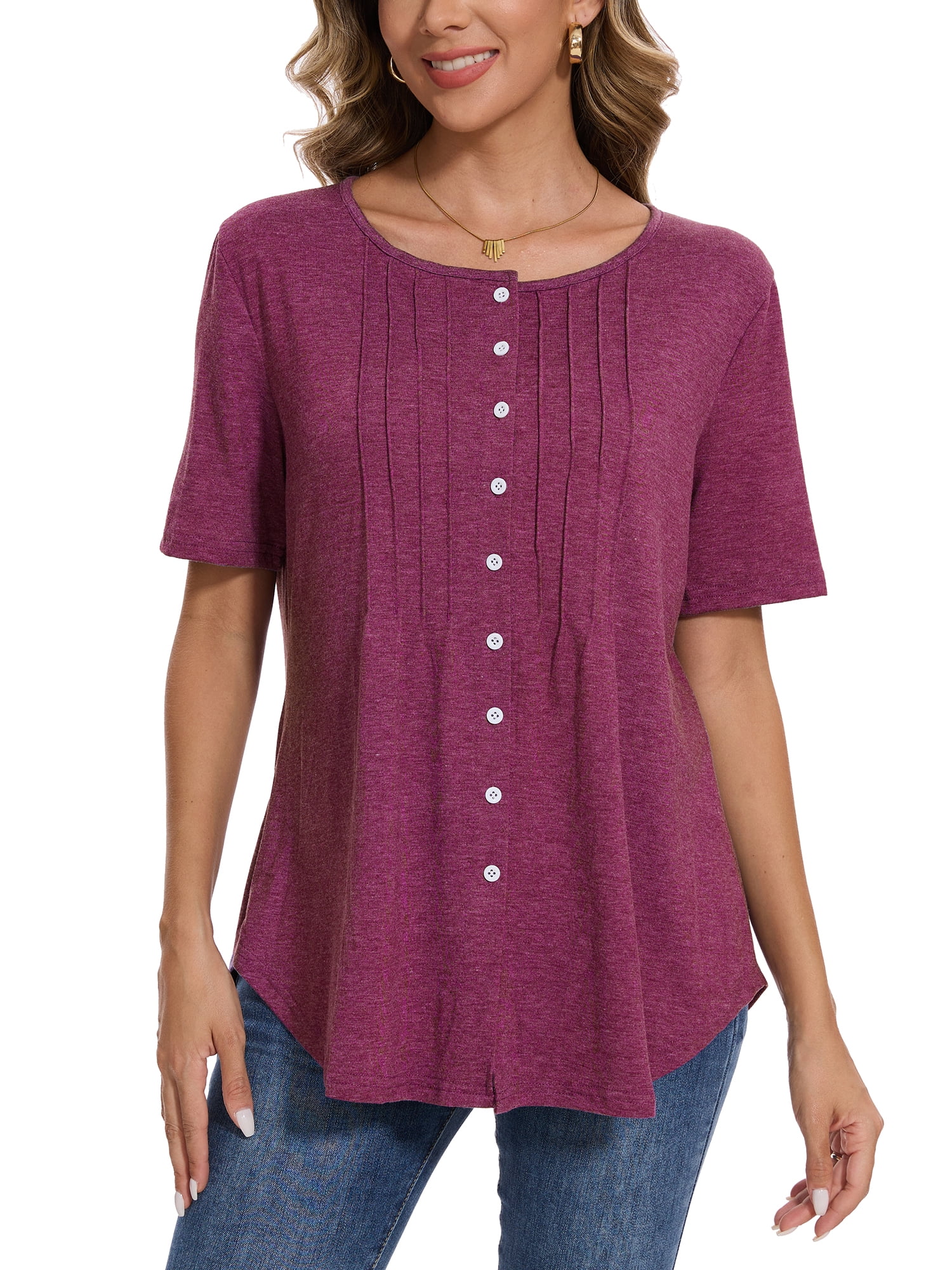 Women's Summer Casual Round Neck Short Sleeve Pullover Top, Solid Color ...