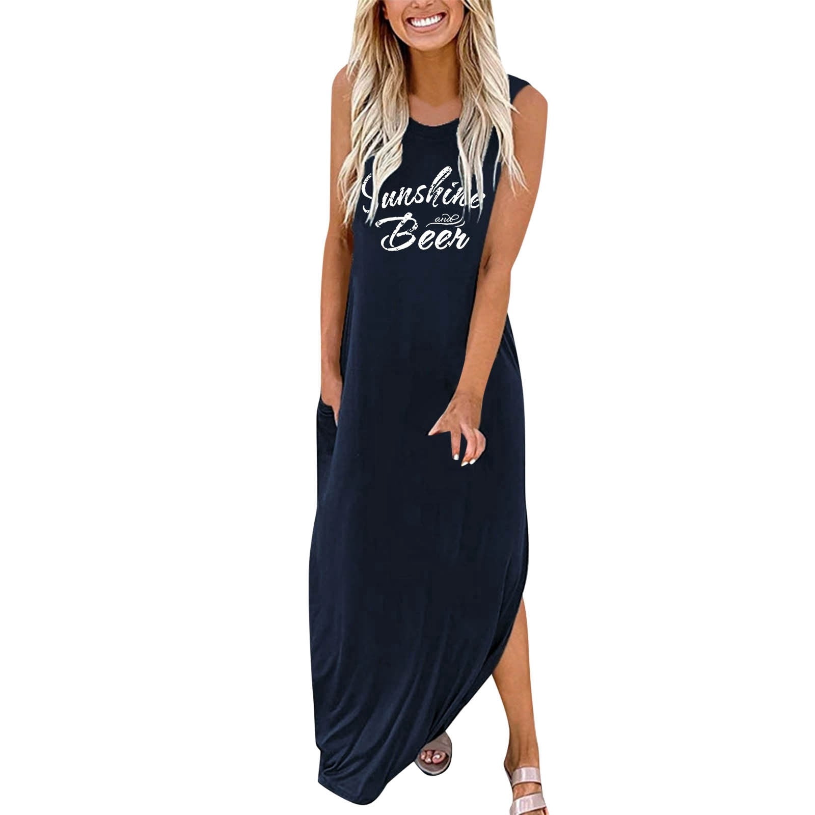 Women Summer Casual Flowy Beach Dress Printed Boho Maxi Dress Round ...