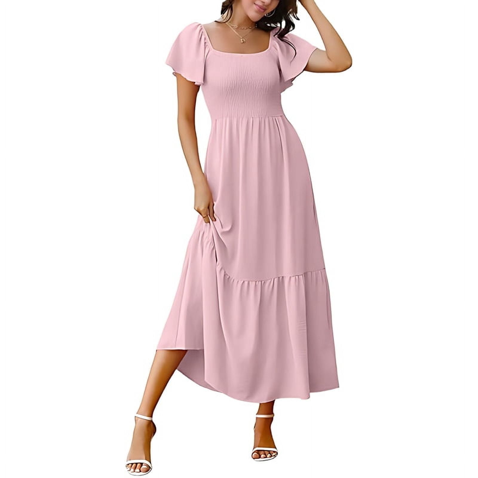 Women Summer Casual Square Neck Flutter Sleeve Boho Smocked A-Line ...