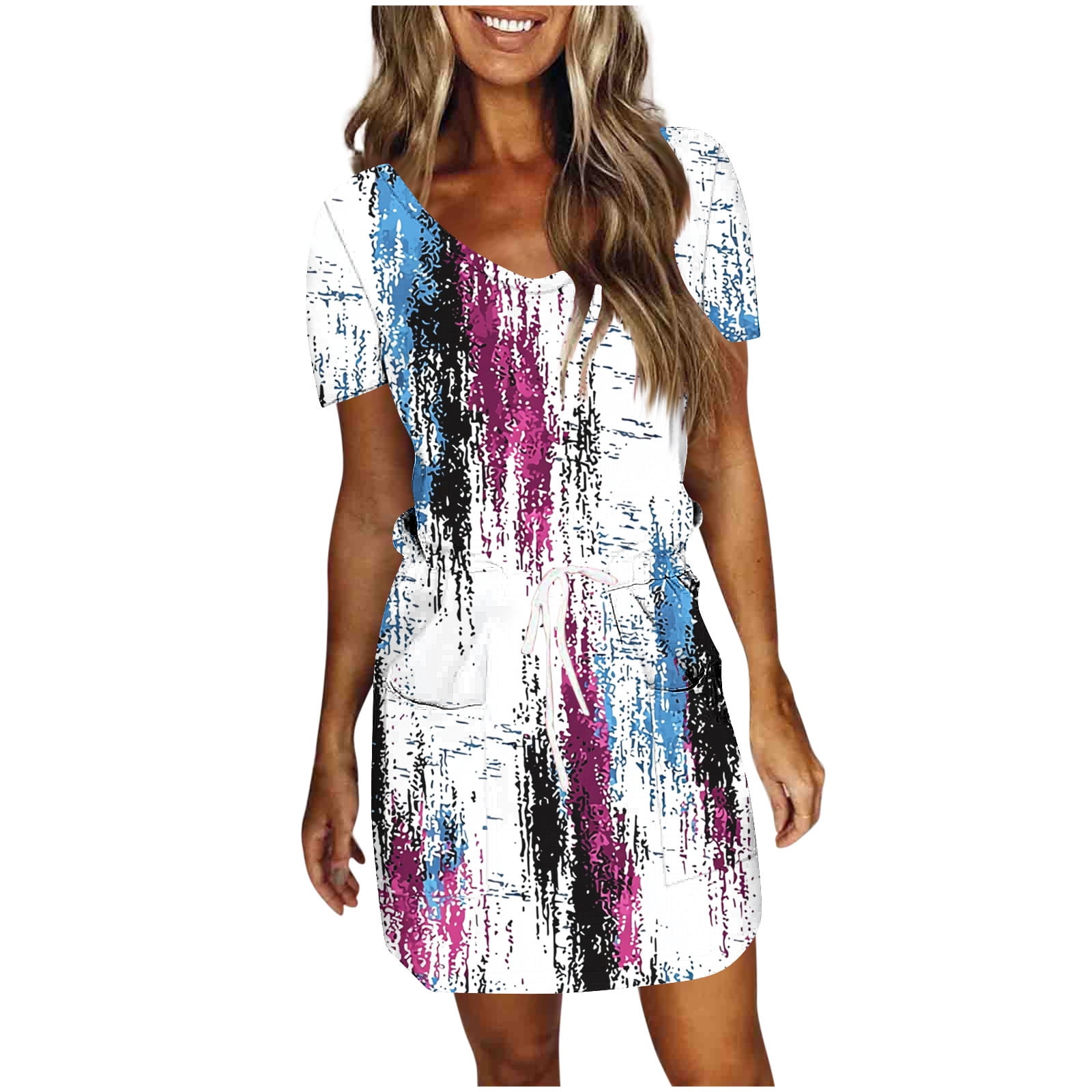 Women Summer Dresses Floral Print A-Line Boho Sundress Short Sleeve V ...
