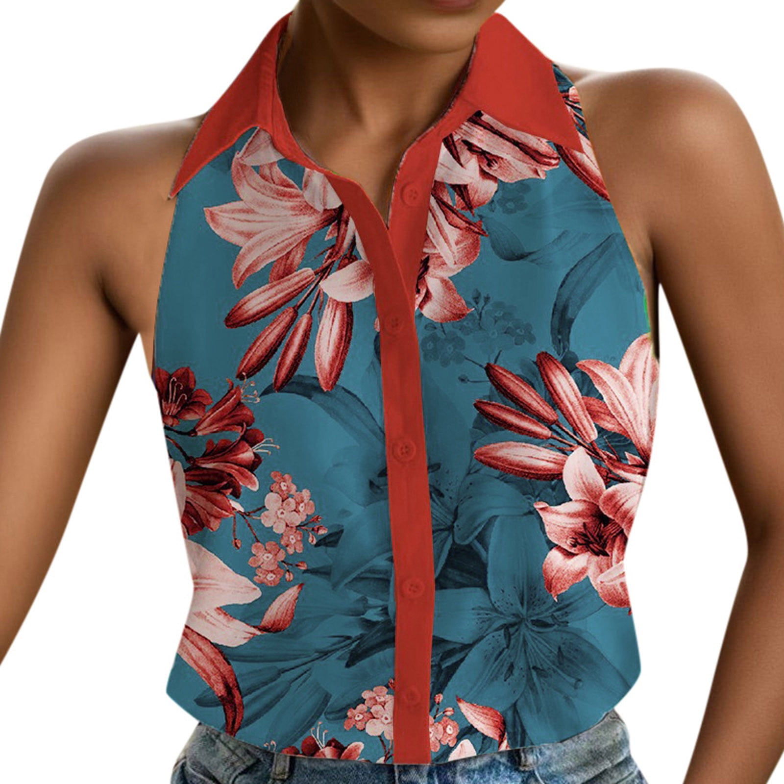 Women Summer Elegant Off Shoulder Sleeveless Floral Striped Print Shirt