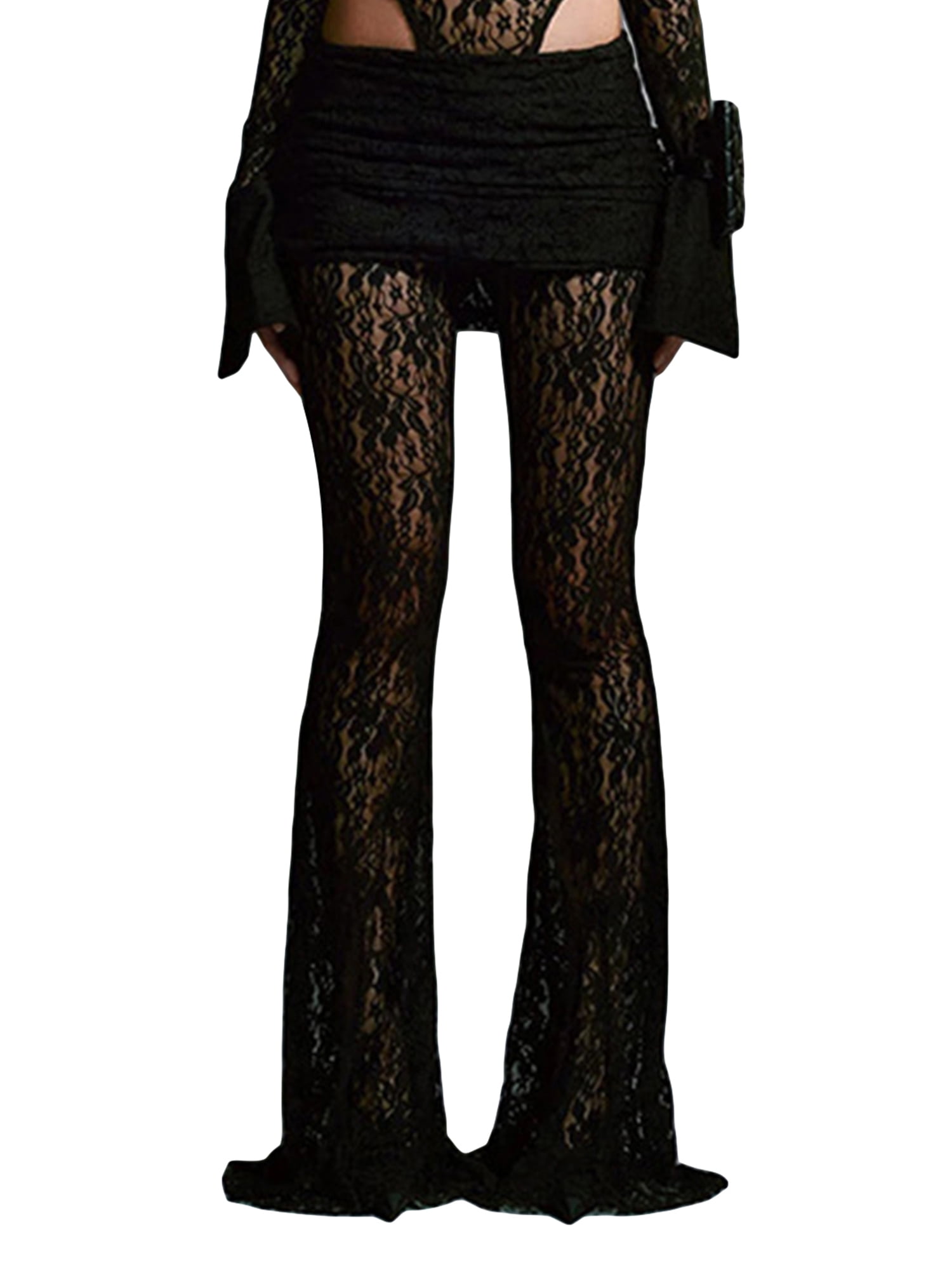 Women Summer Fashion Club Goth Flare Pants Hollow Out Lace High Waist ...