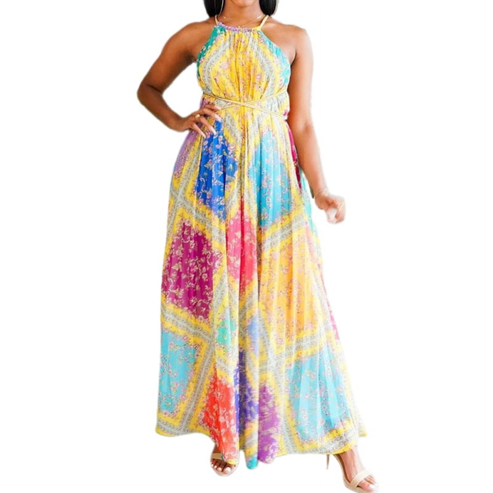 Women Summer Halter Sleeveless Maxi Long Flowy Dress Boho Colorful ...