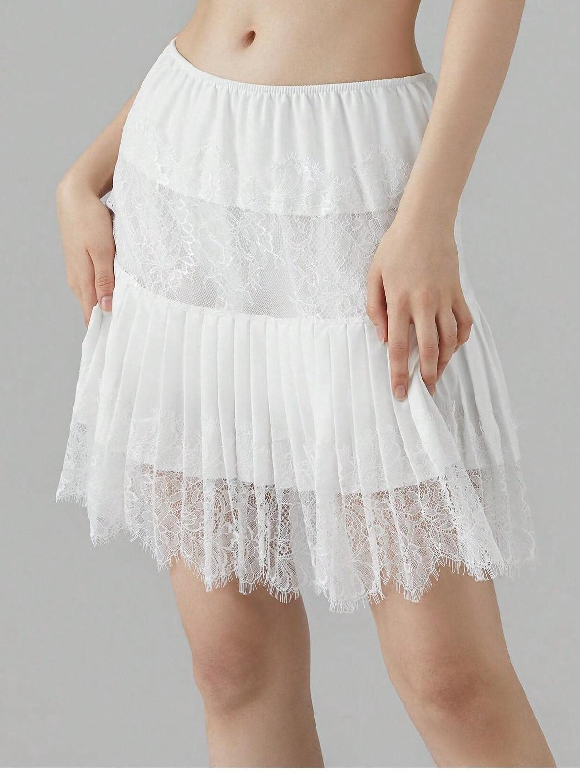 Women Summer Lace Slip Skirt Pleated Ruffle Floral Plain White Color ...