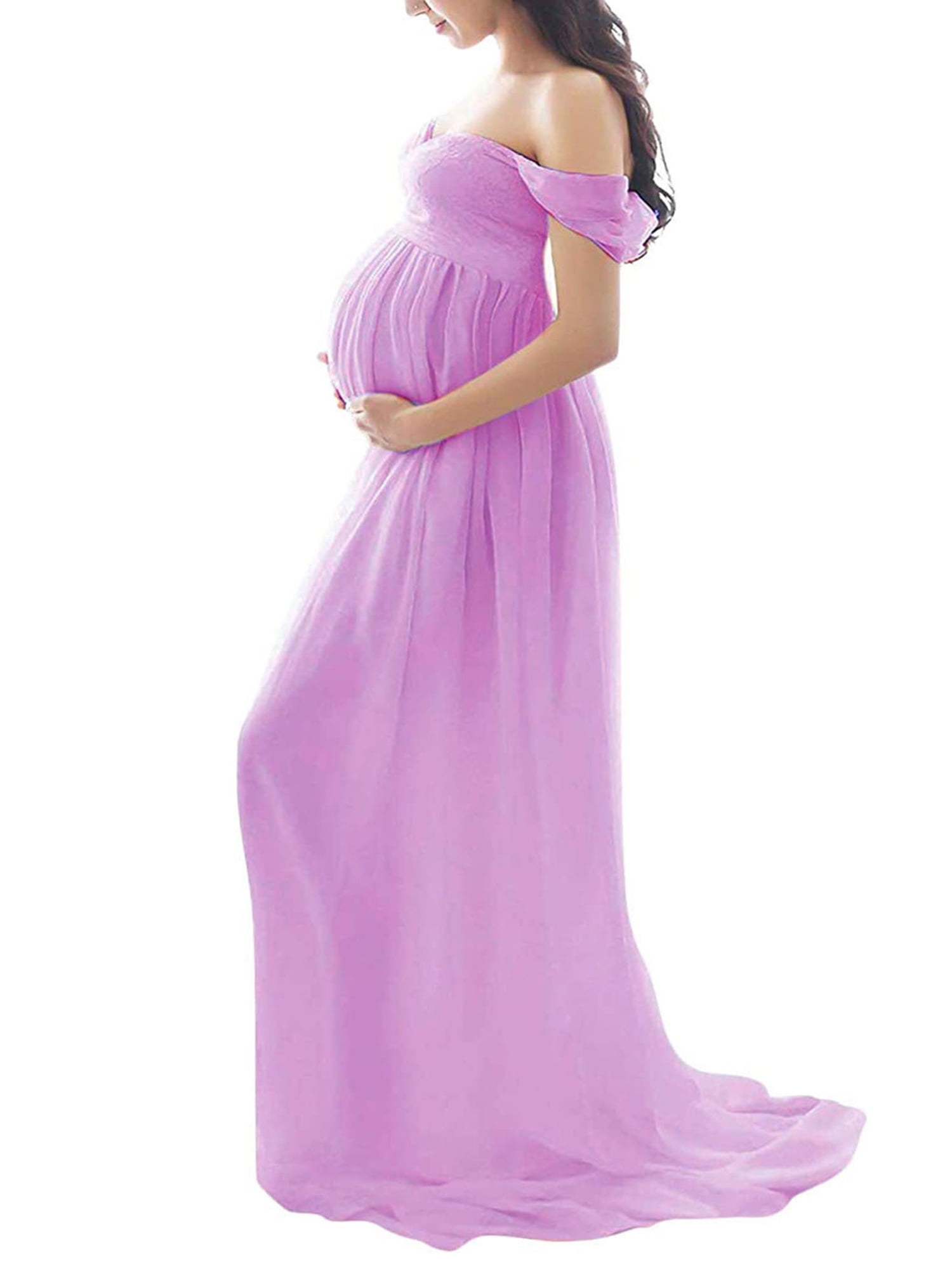 Women Summer Loose Pregnant Dress Solid Color Off-Shoulder Chiffon Gown ...