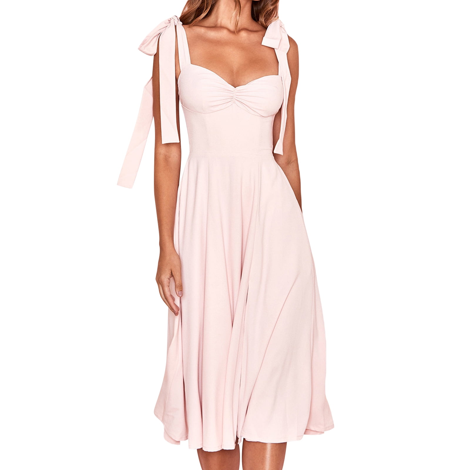 Women Summer Midi Party Dress Solid Color/Floral Sleeveless Beach Dress ...