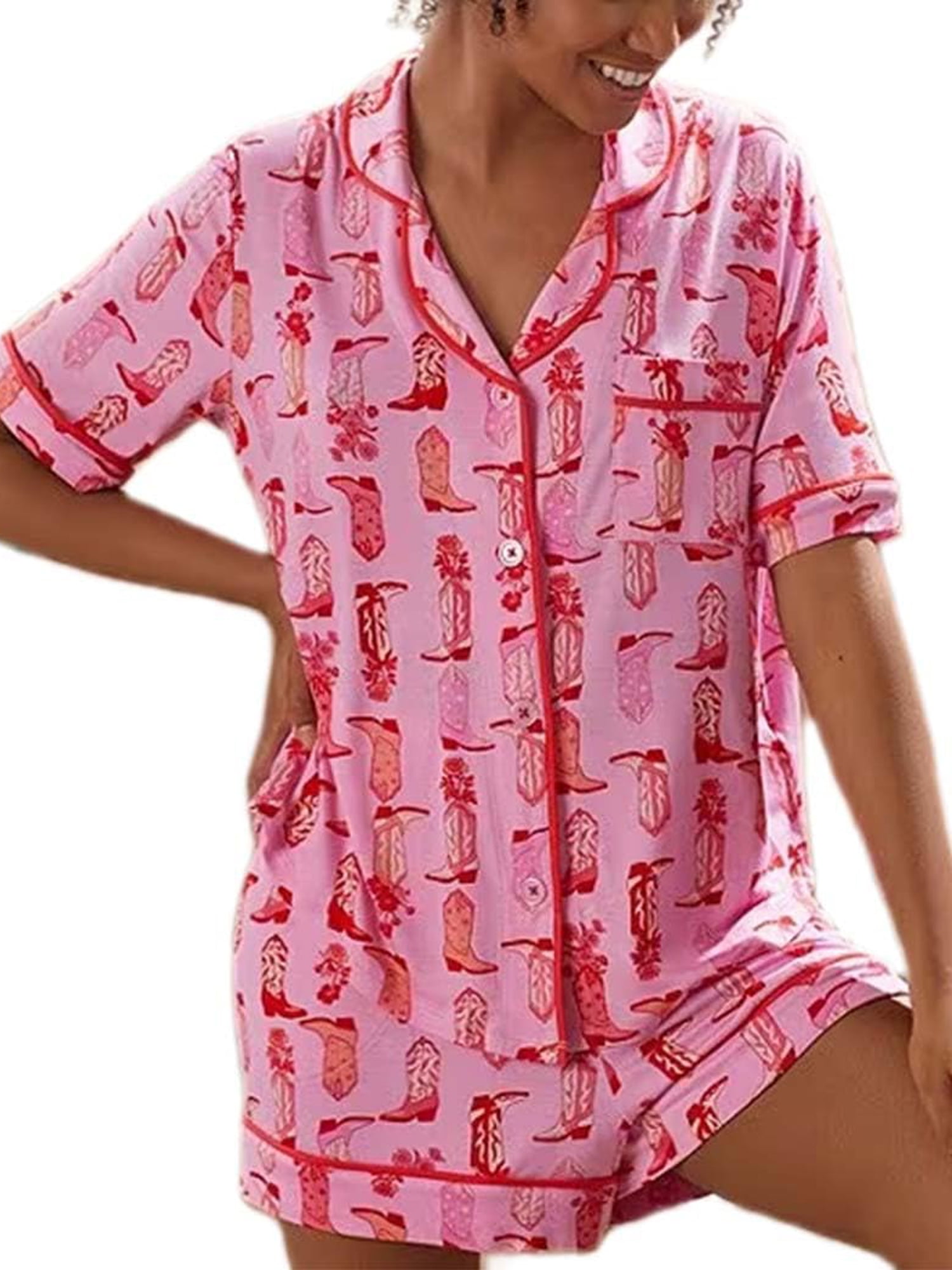 Women Summer Pajamas Set 2 Piece Loungewear Western Boots Print Button ...
