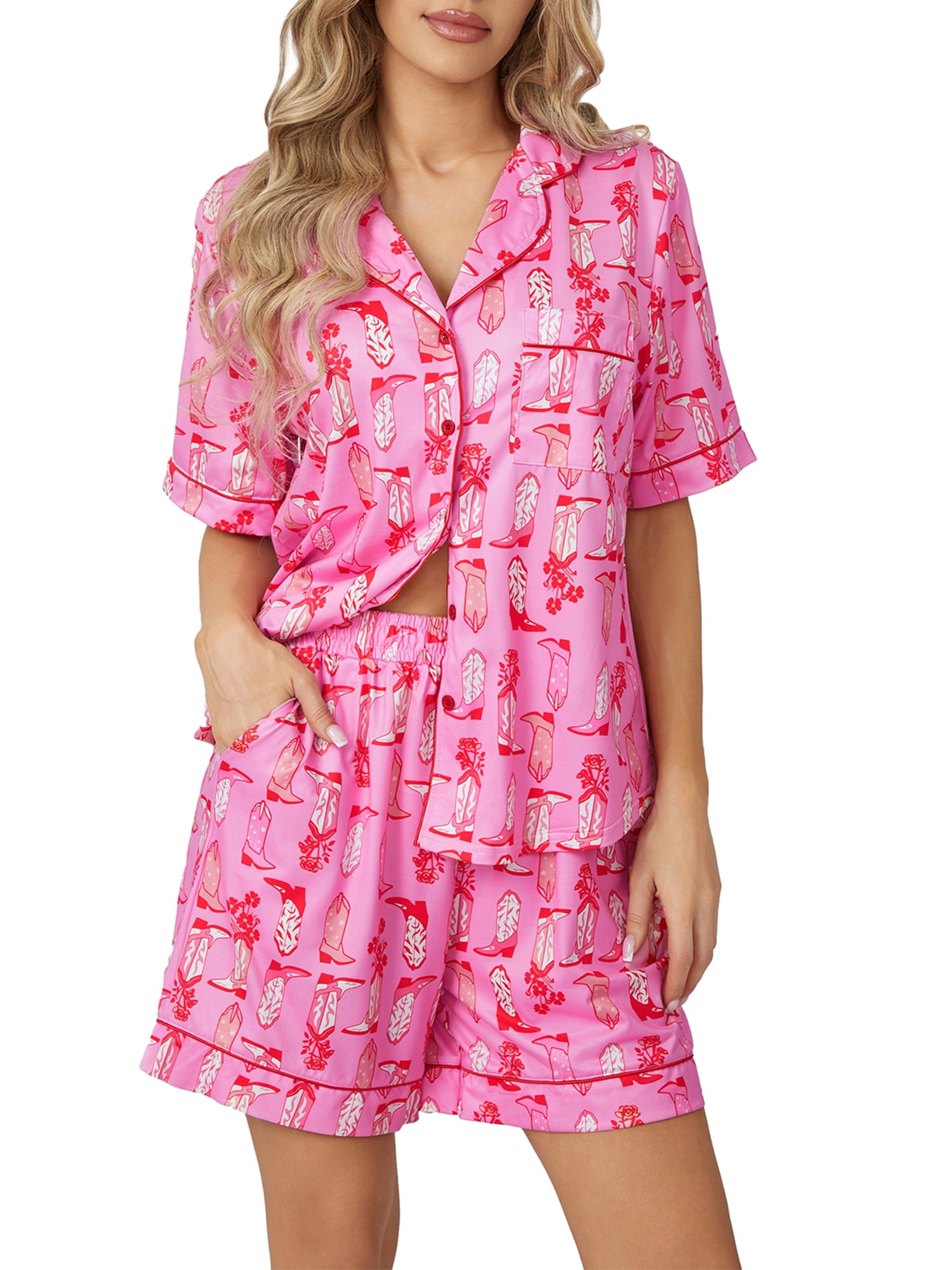 Women Summer Pajamas Set Cute Western Boots Print Short Sleeve Shirts ...