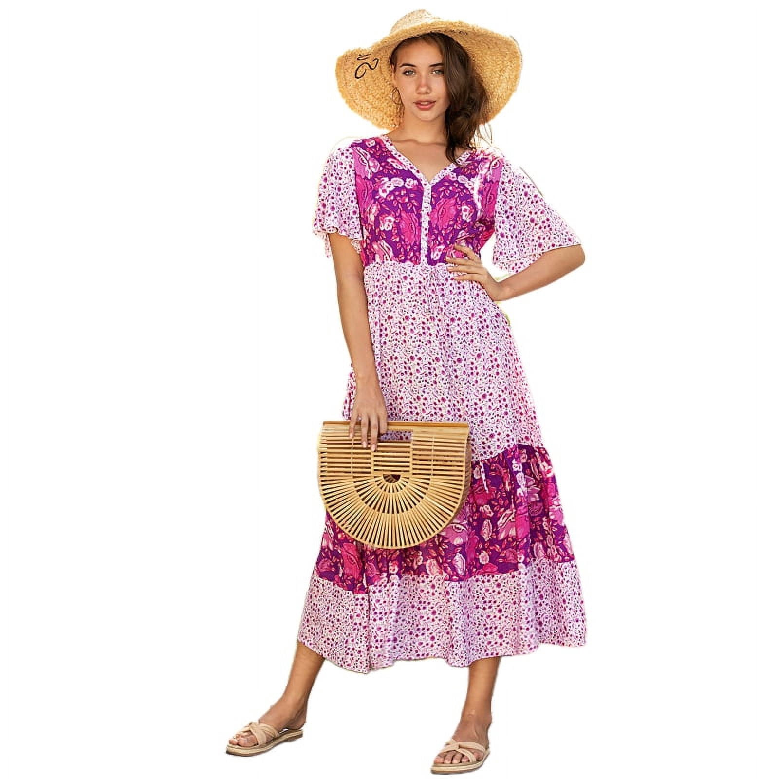Women Summer Ruffle Short Bell Sleeve Midi Long Swing Dress Boho ...