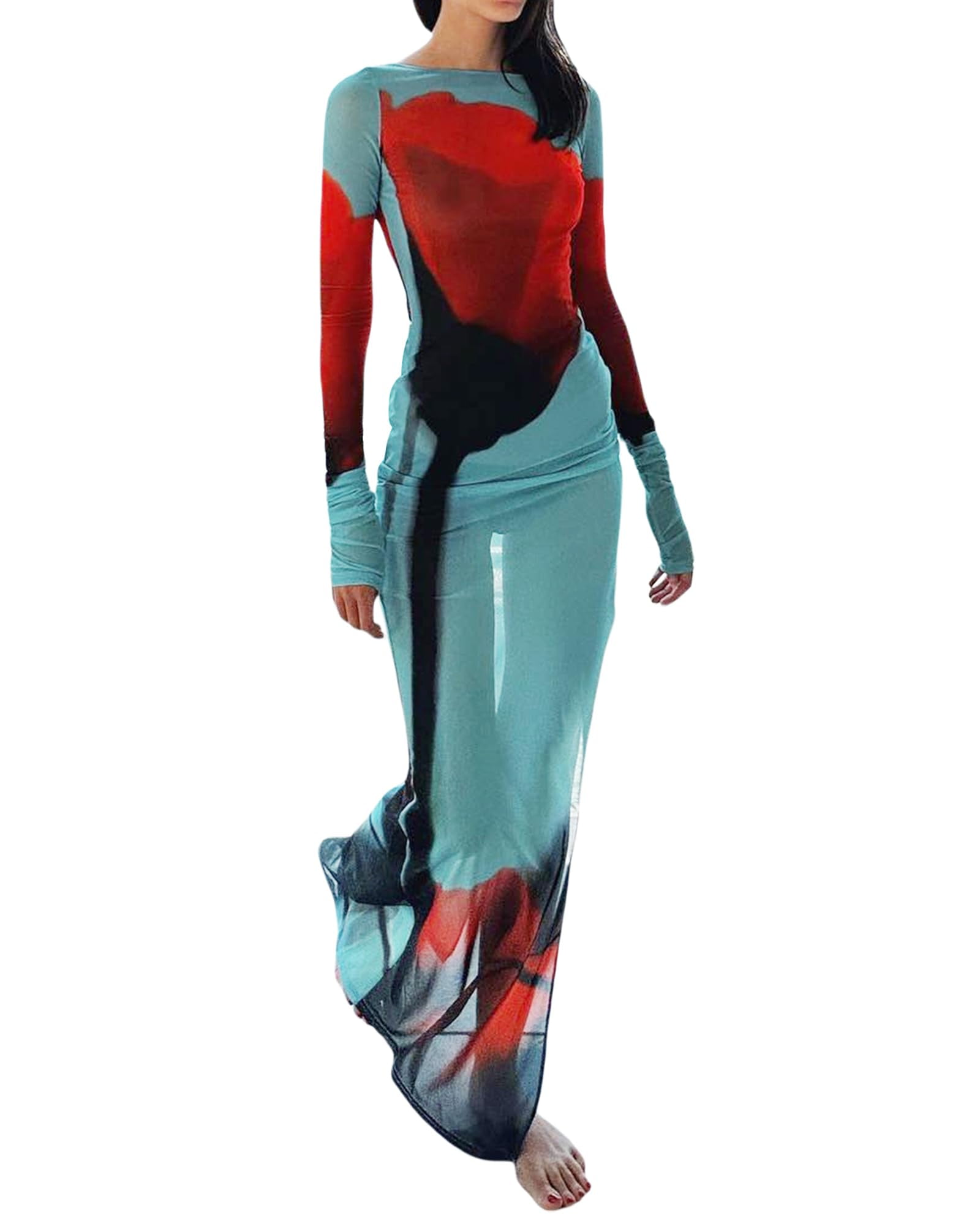 Women Summer Sexy Sheer Mesh Boydcon Midi Dress Long Sleeve Side Split ...