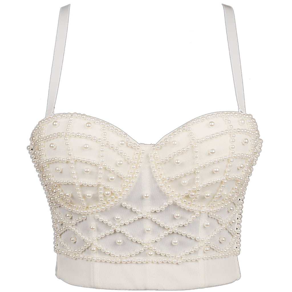 Women Summer Sexy Spaghetti Strap Bustier Bra Imitation Pearl Beaded ...