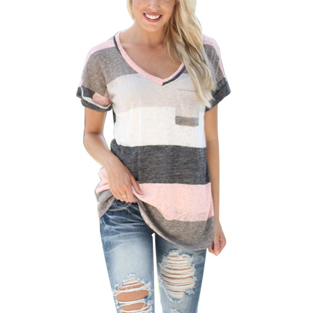 Women Summer Short Sleeve T-shirt Blouse Loose Irregular Striped V Neck ...