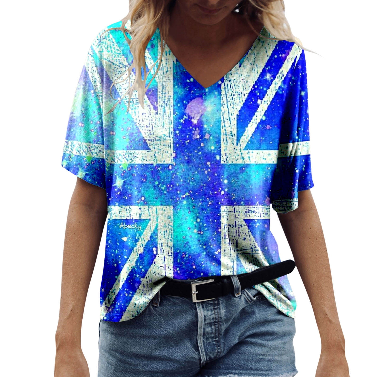 Gaqlive Women Summer Simple V Neck Short Sleeve Top Full Fun