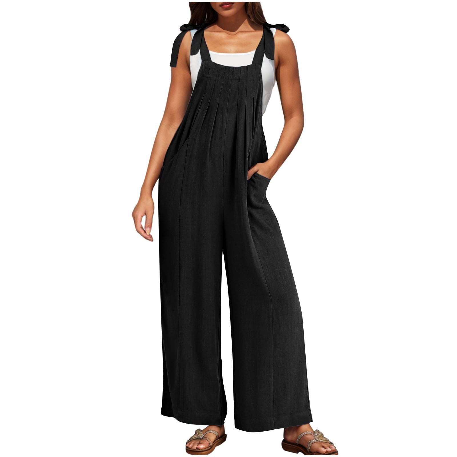 Women Summer Sleeveless Cotton Linen Black Bib Overalls Womens Overalls ...
