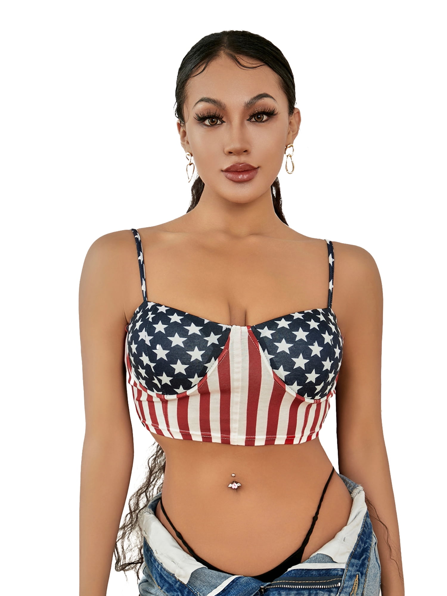Women Summer Square Neck Spaghetti Straps Camisole Stars Stripes