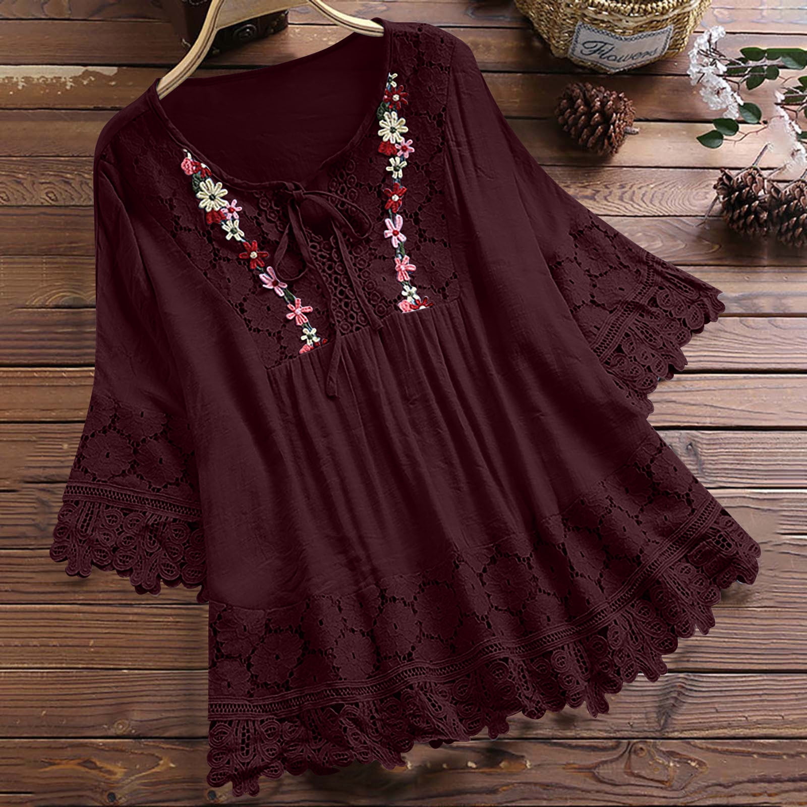 Women Summer Tops Lace Patchwork Bow V-Neck Three Quarter Blouses Top T ...