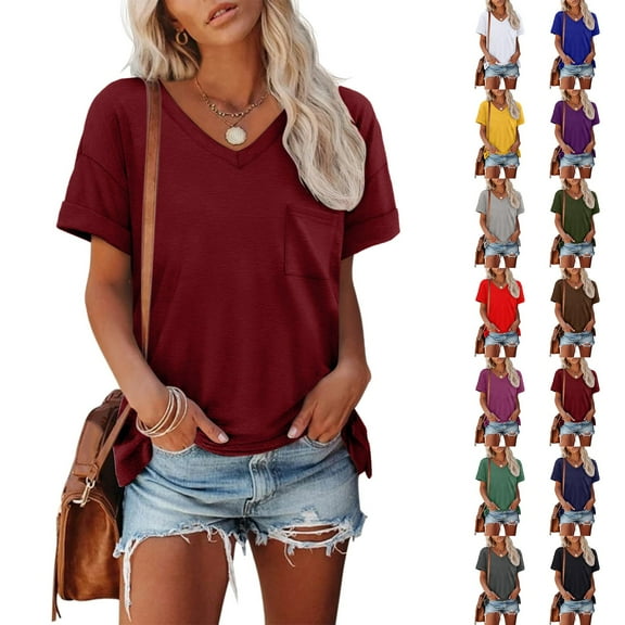 Htigea Summer V-Neck Short Sleeve T Shirt for Curvy Women Solid Color ...