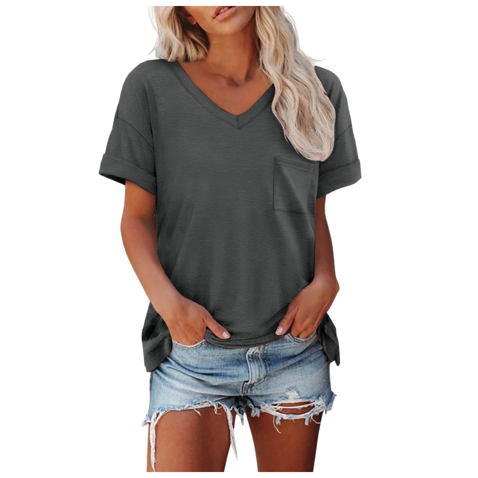 Women Summer Tops Womens T Shirts Short Sleeve V Neck Tops With Pockets ...
