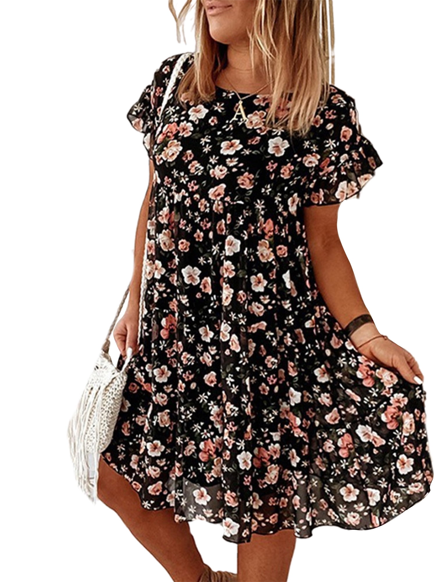 Women Summer Tunic Dress Crew Neck Casual Ruffled Floral Print Beach ...