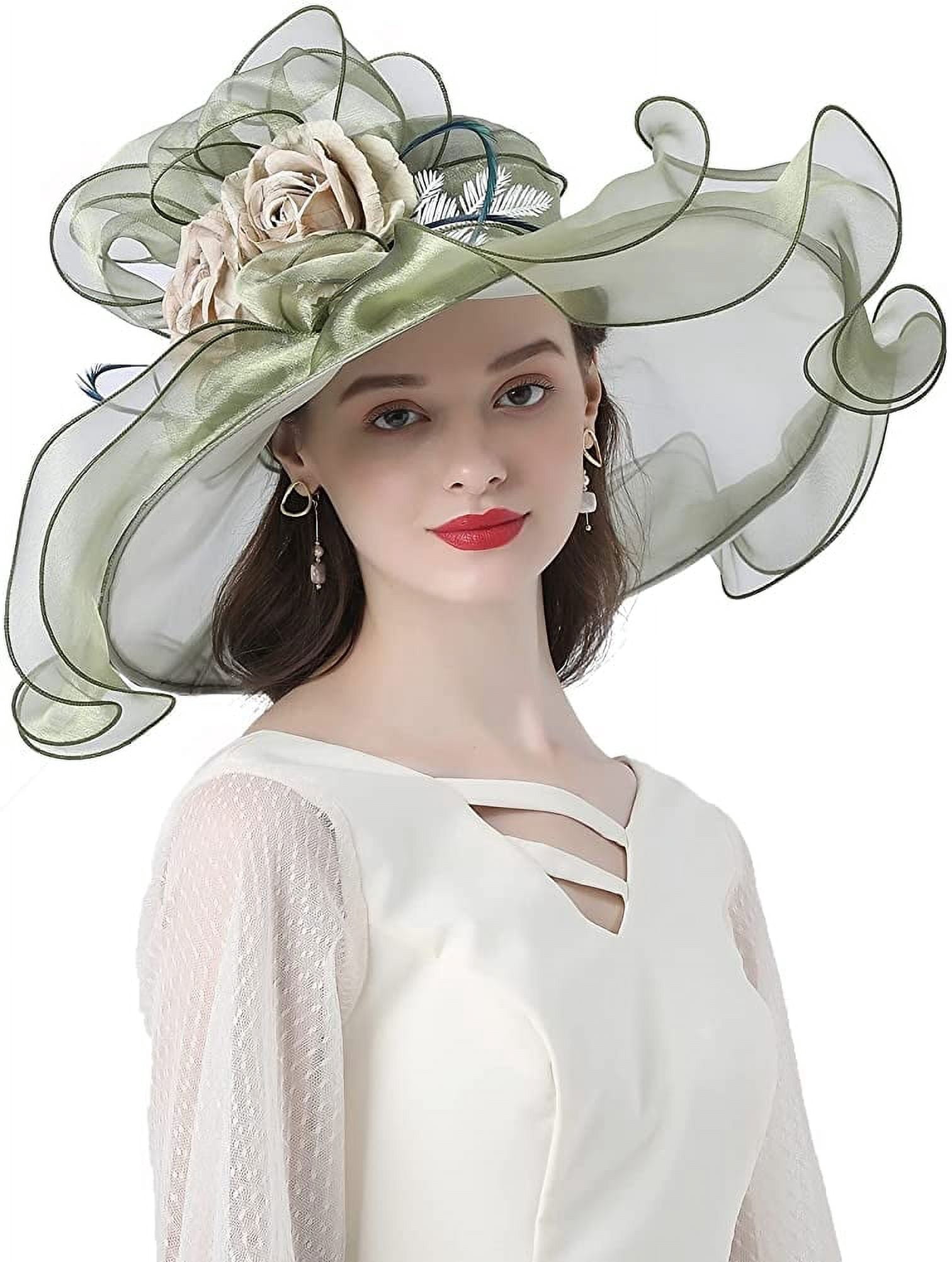 Women Sun Hat with Mesh Flower Decoration Wide Brim Hat Occasion Event ...