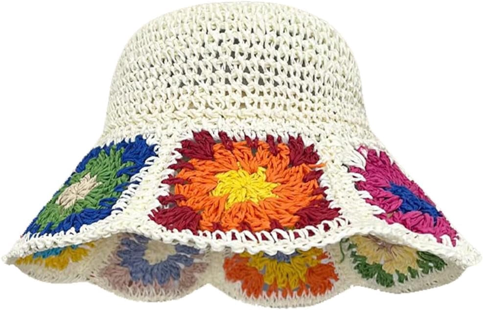 Women Sun Hats Crochet Granny Square Straw Hat Boho Floral Summer Beach ...