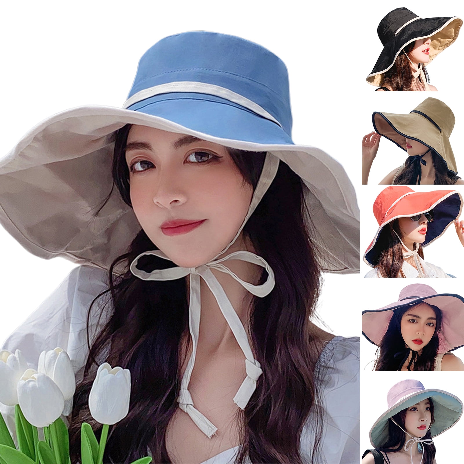 Women Sun Hats with Cotton Strap, Double-sided Wearable Summer Beach ...
