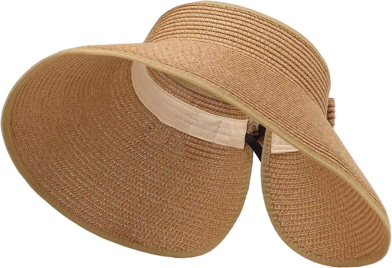 Women Sun Visor Fordable Wide Brim Summer Straw Hat Roll up Adjustable ...