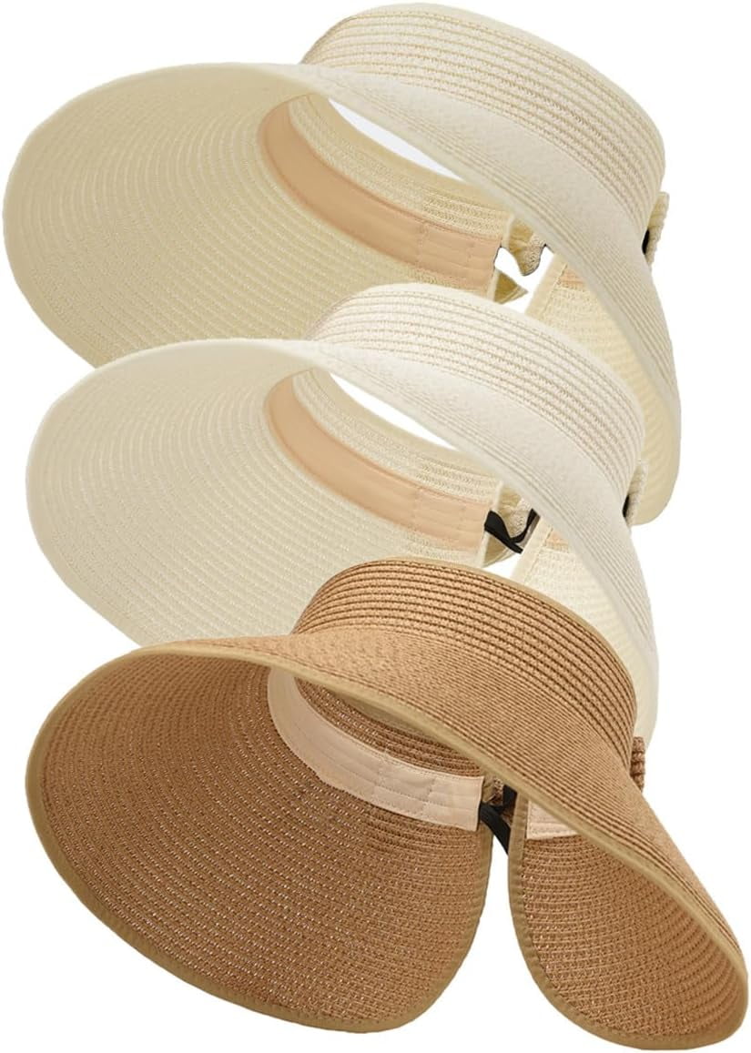 Women Sun Visor Fordable Wide Brim Summer Straw Hat Roll up Adjustable ...