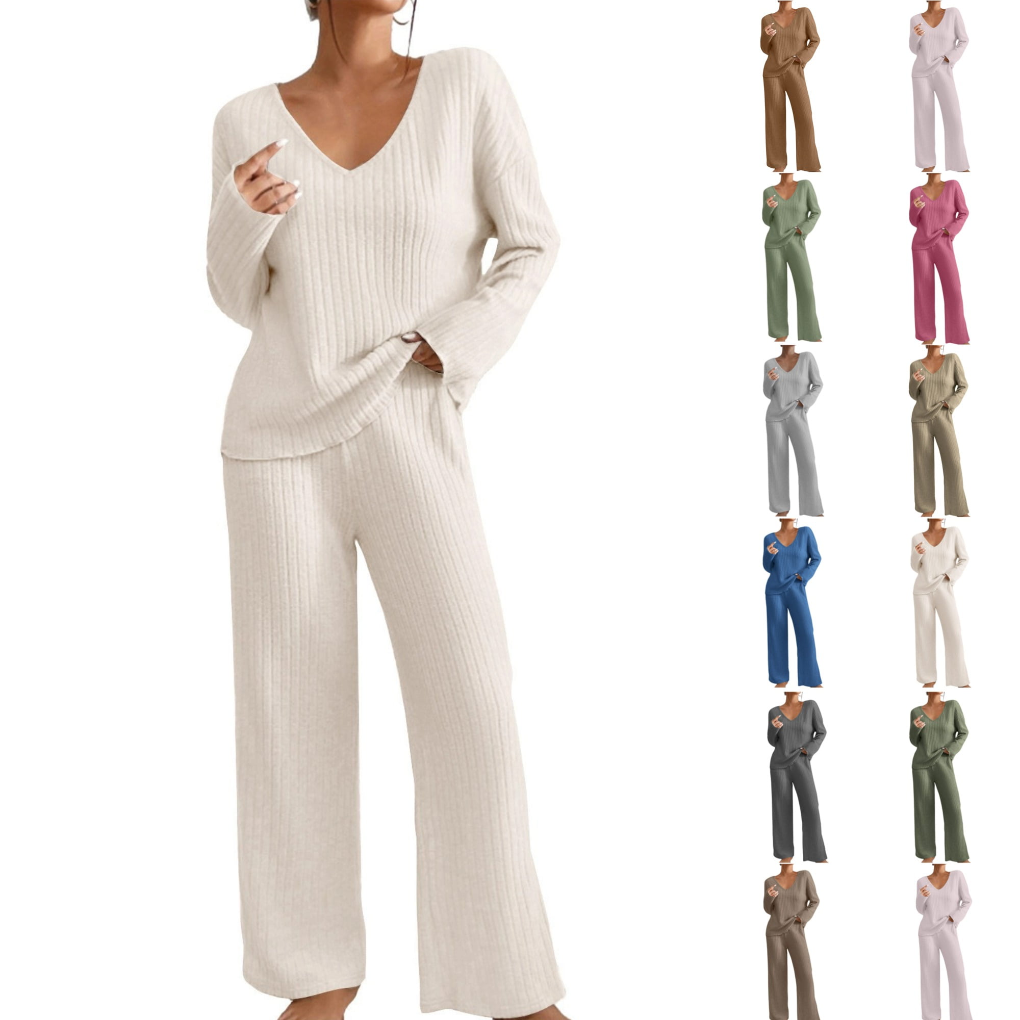 Women Sweater Sets 2 Piece Dressy V Neck Long Sleeve Knit Sweater ...