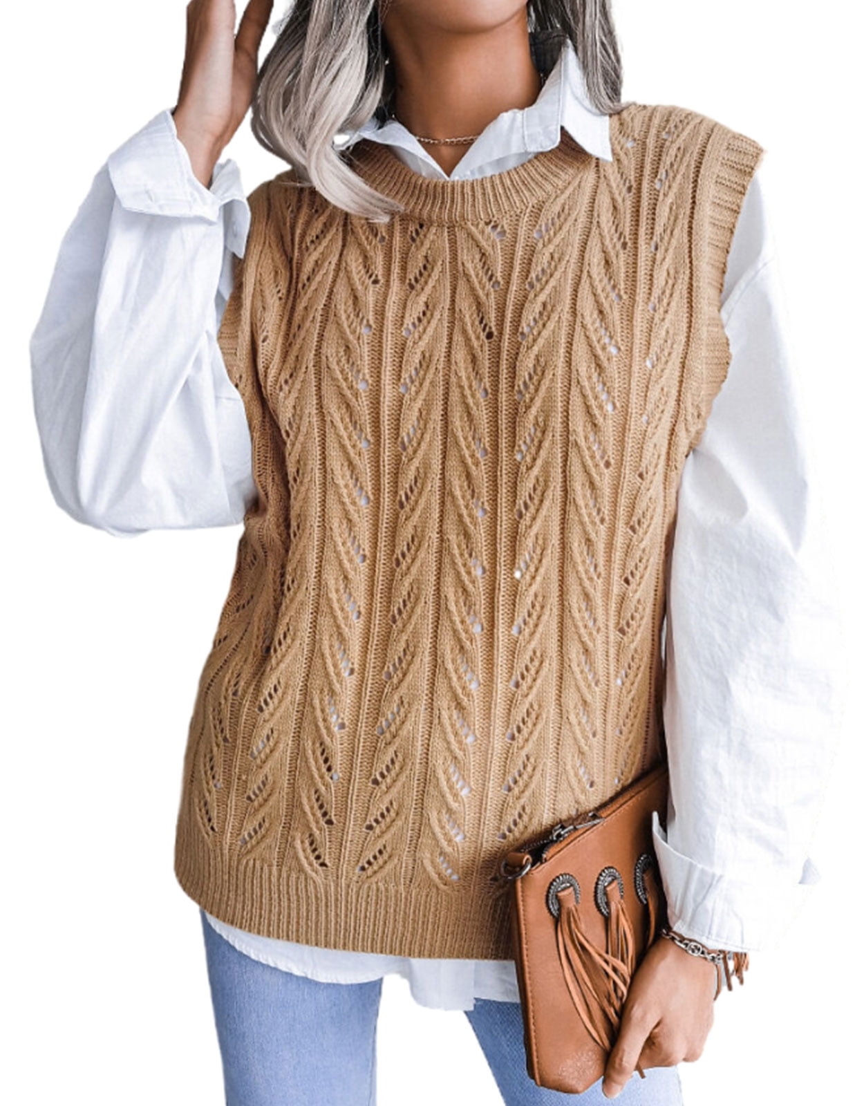 Women Sweater Vests Crew Neck Sleeveless Sweaters Cable Knit Sweaters ...