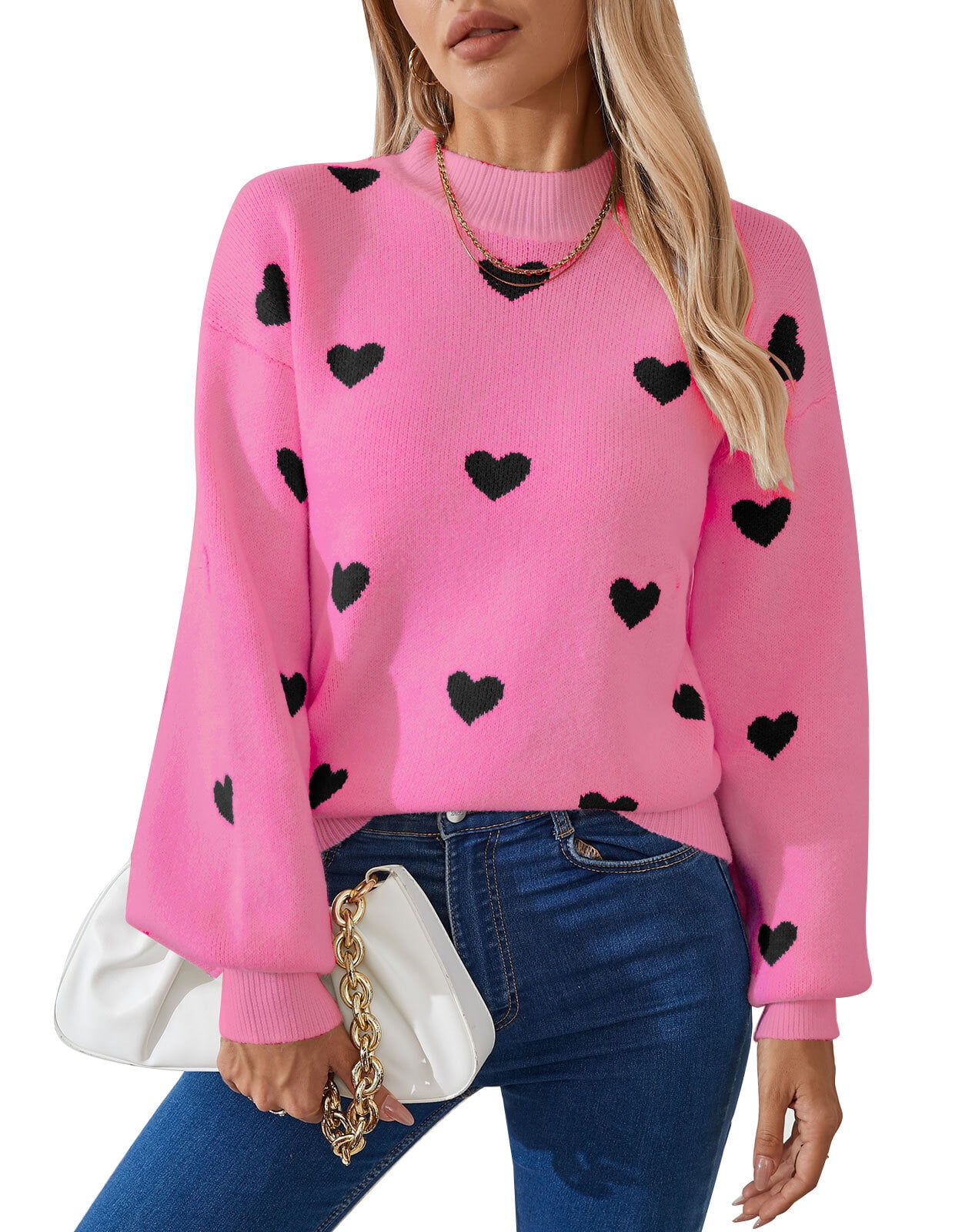 Women Sweaters Crewneck Cute Heart Valentine's Day Long Sleeve Knitted Sweaters Winter Pullover ...